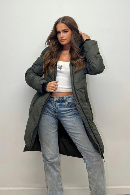 AX Paris Khaki Hooded Long Line Puffer Coat – She Selected